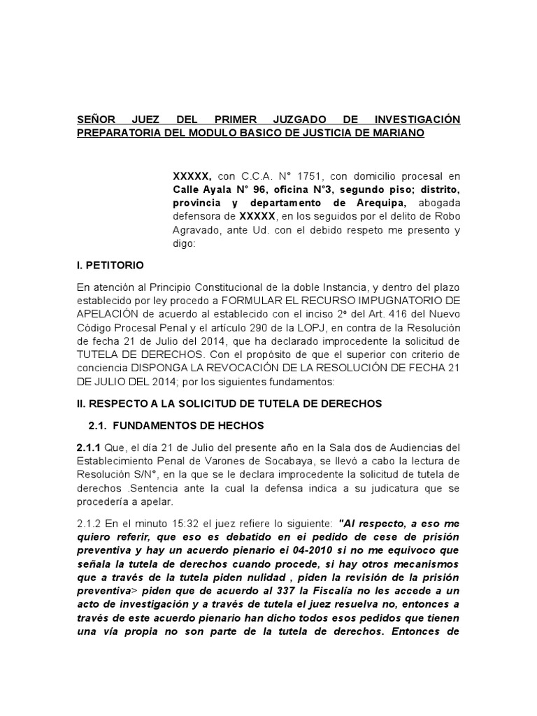MODELO PARA FORMULAR EL RECURSO IMPUGNATORIO DE APELACIÓN PENAL | Robo | Derecho penal