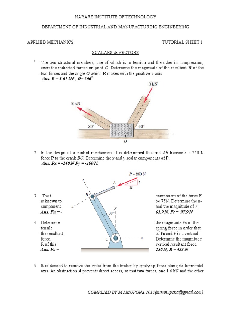 Applied Mechanics Tutorial Sheet 1 | PDF | Tension (Physics) | Truss