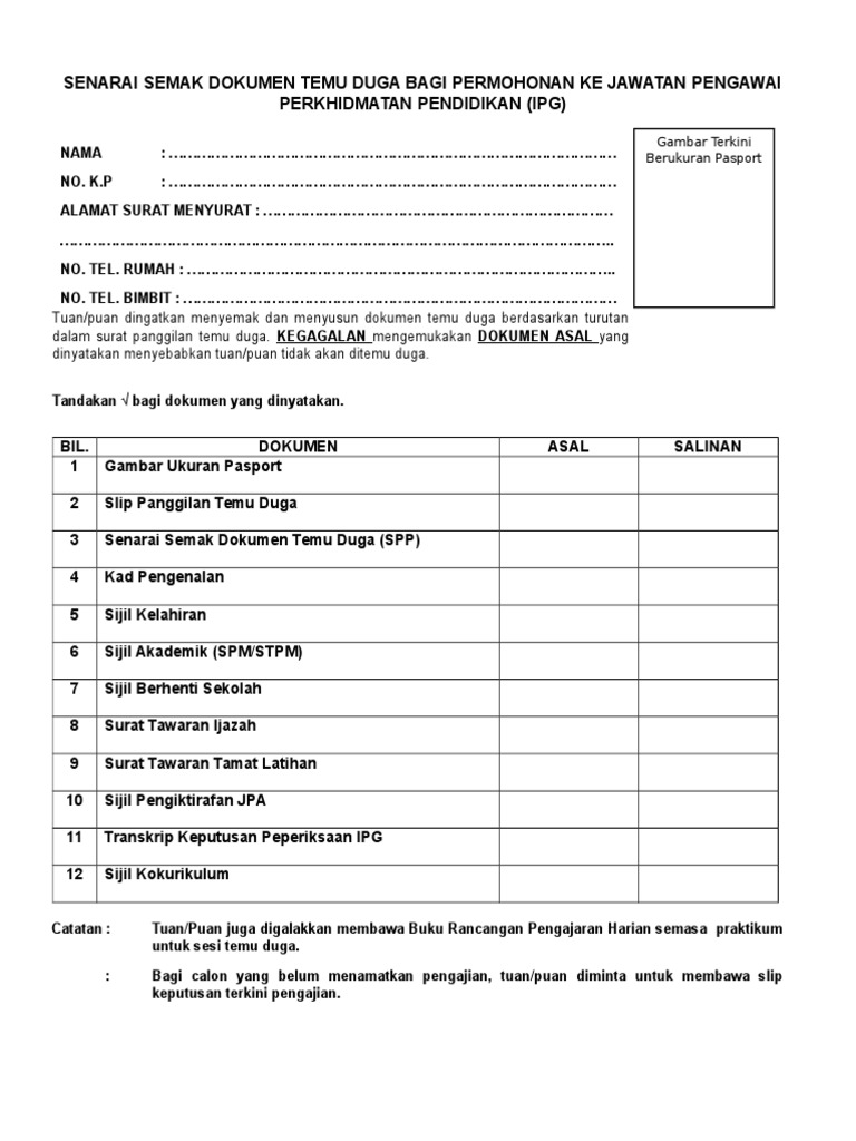 Senarai Semak Dokumen Temuduga | PDF