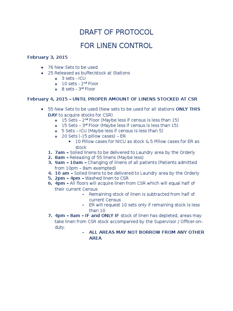 Draft of Protocol For Linen Control: ND RD | PDF