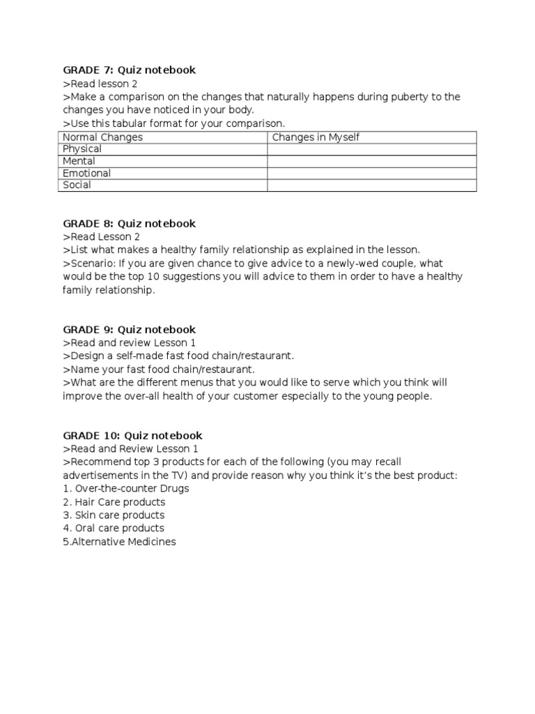 GRADE 7: Quiz Notebook | PDF