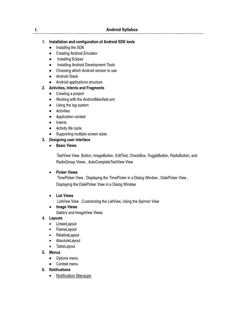 I. Android Syllabus: 1. Installation and Configuration of Android SDK ...