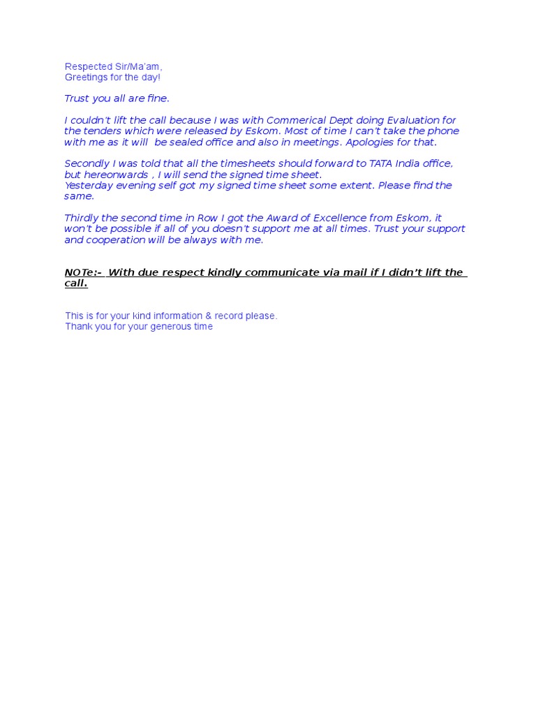 Respected Sir/Ma'am, Greetings For The Day!: With Due Respect Kindly ...