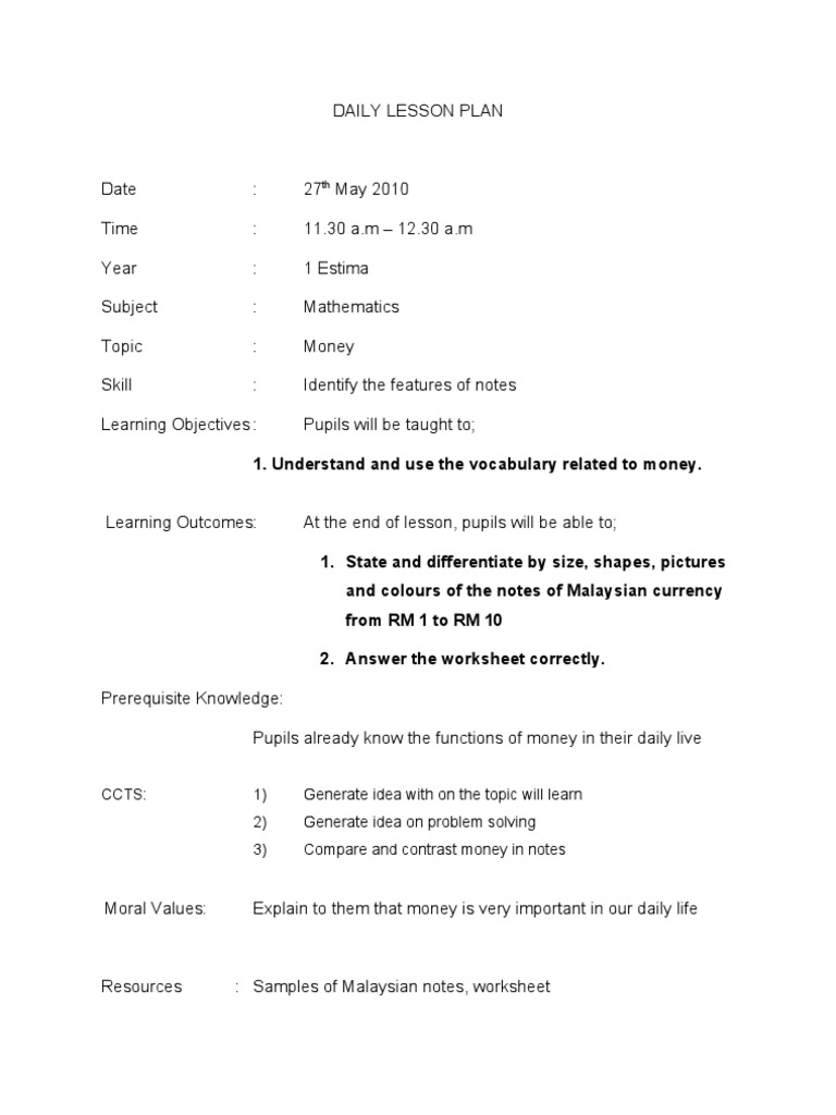 Lesson Plan Money Tmed | PDF | Lesson Plan | Money