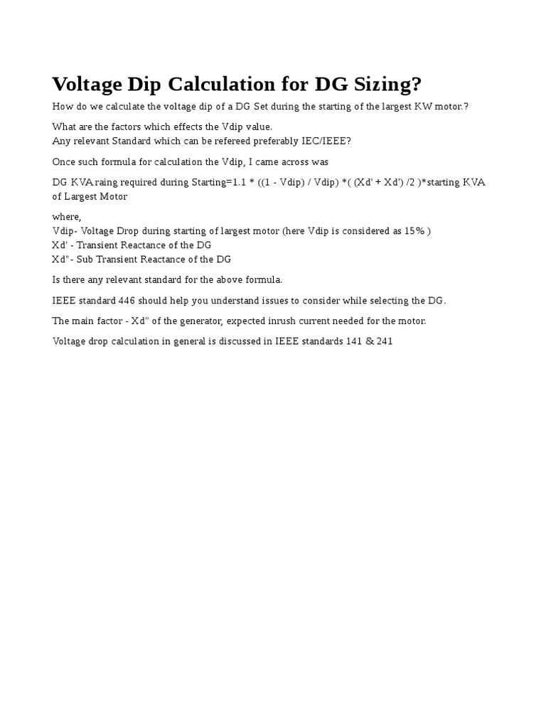 Voltage Dip Calculation for DG Sizing