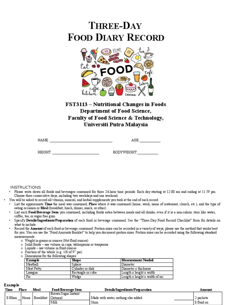 Three-Day Food Diary Template | PDF | Meal | Drink