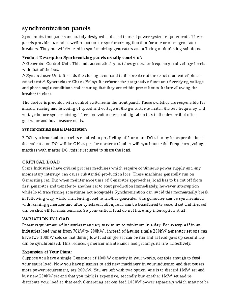 Synchronization Panels | PDF | Electric Generator | Programmable Logic Controller
