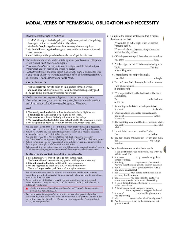 Exercises on Modal Verbs of Permission | PDF | Grammar | Linguistic ...