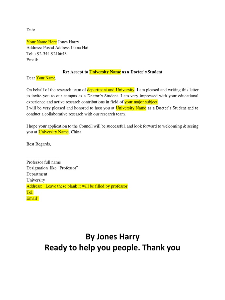Doctoral Program Acceptance Letter Sample | PDF