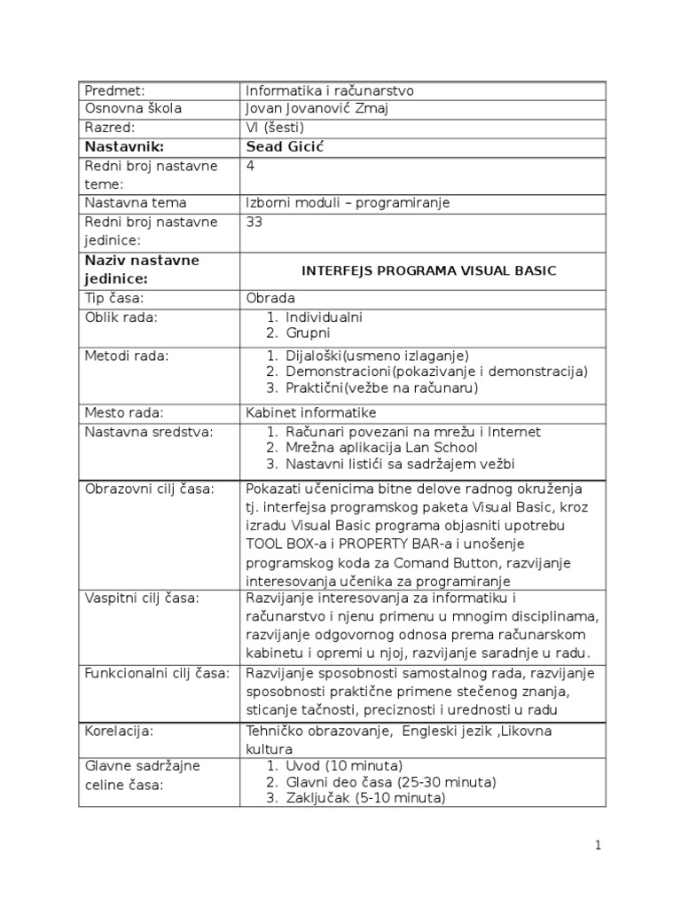 Čas 33 Šesti Razred - Interfejs Programa Visual Basic | PDF