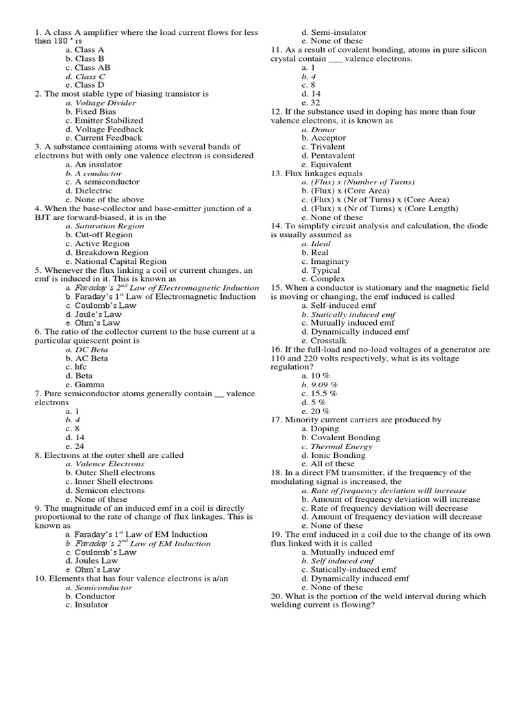 Electronics (Pre-Test) Answer Key | PDF | Amplifier | Field Effect ...