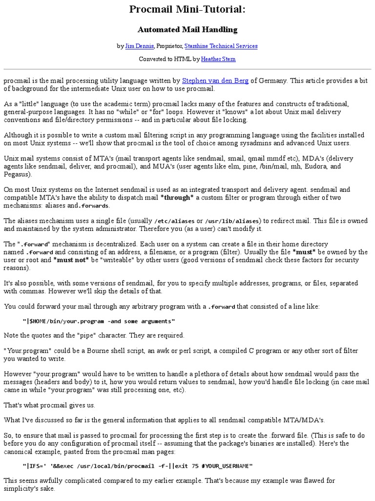 Procmail Mini-Tutorial - Automated Mail Handling | PDF | Regular Expression | Command Line Interface