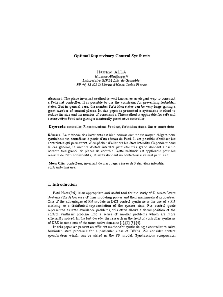 Optimal Supervisory Control Synthesis Hassane Alla | PDF | Linear Programming | Control Theory