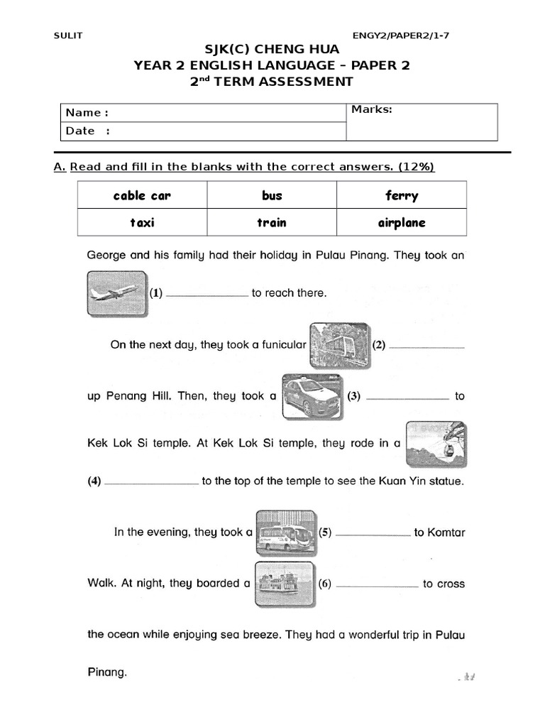 SJK (C) Cheng Hua Year 2 English Language - Paper 2 2 Term Assessment | PDF