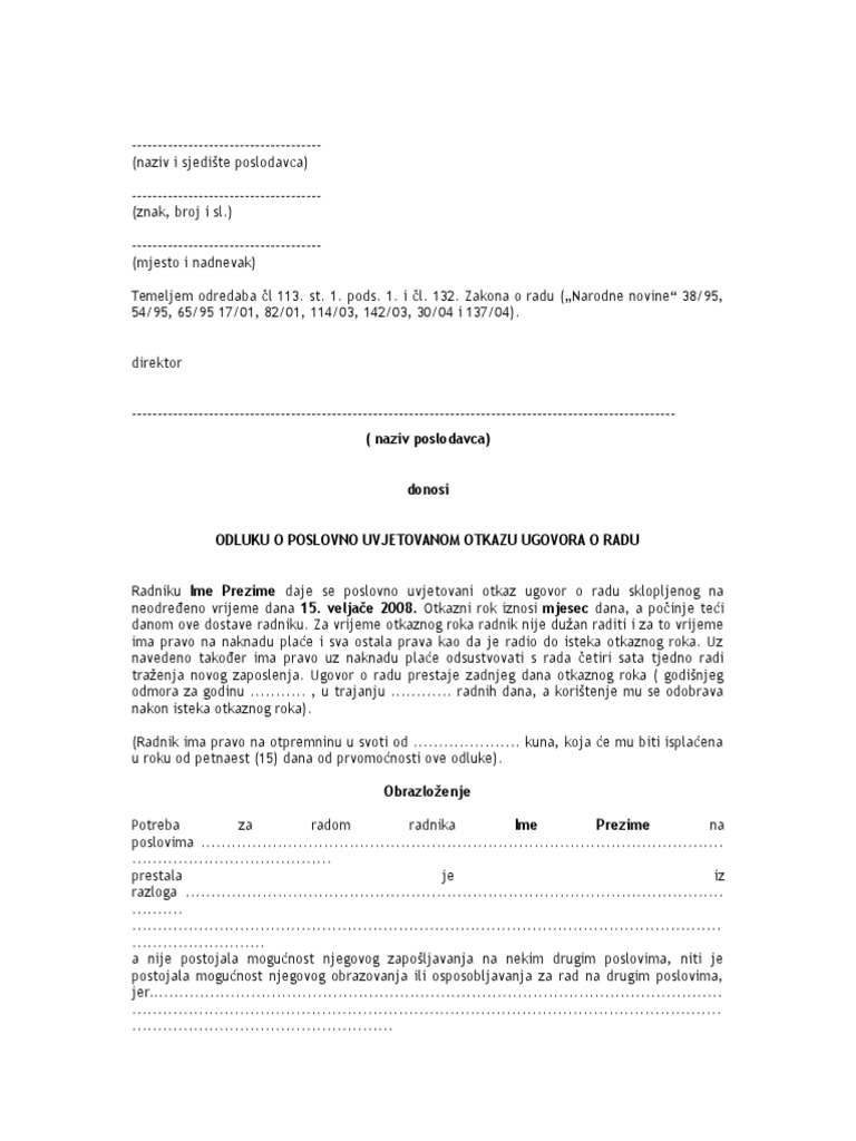 Odluka o Poslovno Uvjetovanom Otkazu Ugovora o Radu