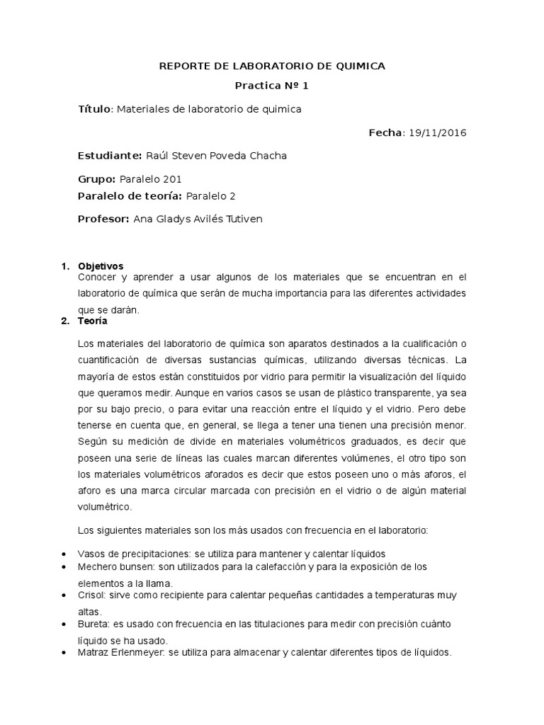 Reporte De Laboratorio De Quimica Laboratorios Valoración