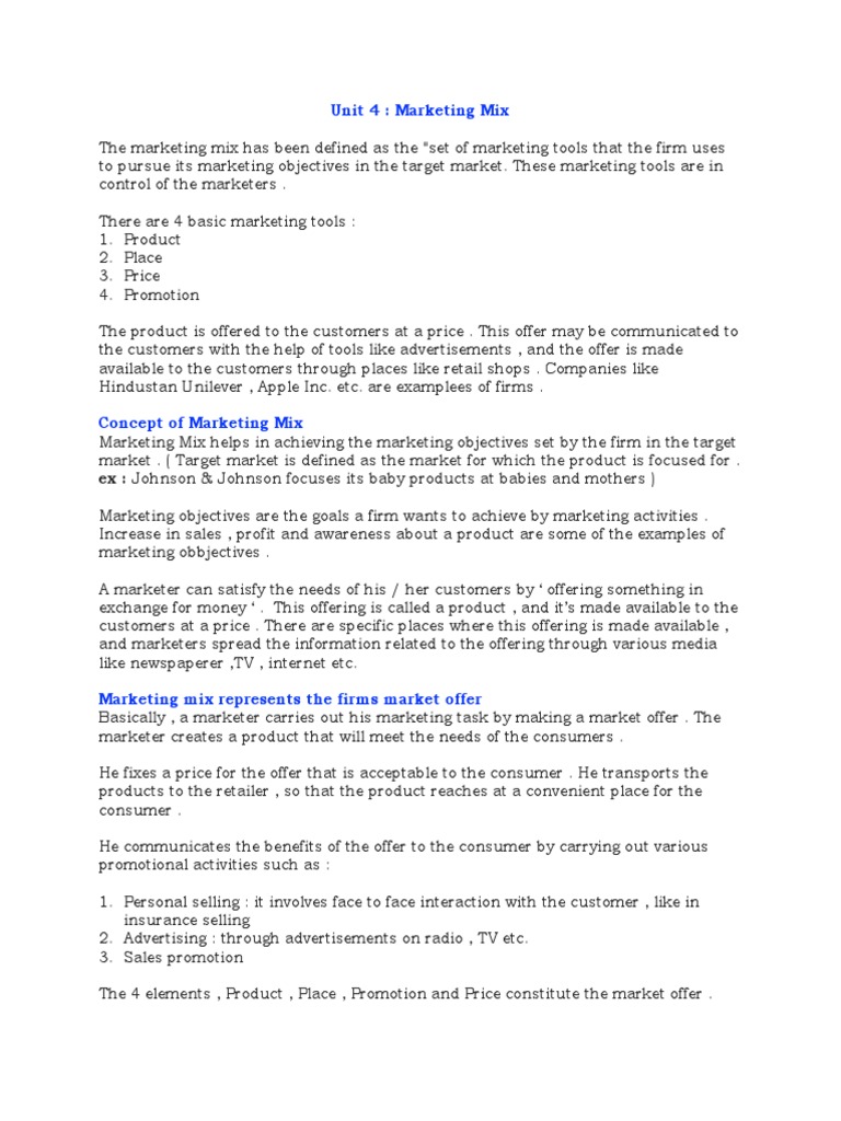 Unit 4 - Marketing Mix PDF | PDF | Marketing | Sales