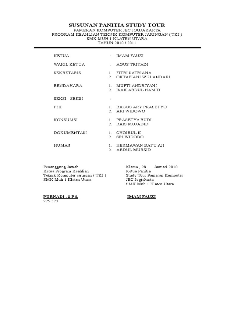 Susunan Panitia Study Tour TKJ | PDF