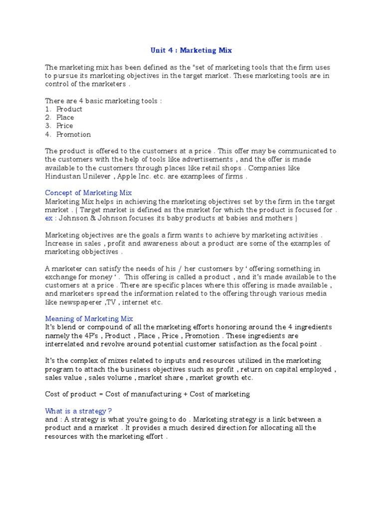 Unit 4 - Marketing Mix PDF | PDF | Distribution (Business) | Marketing