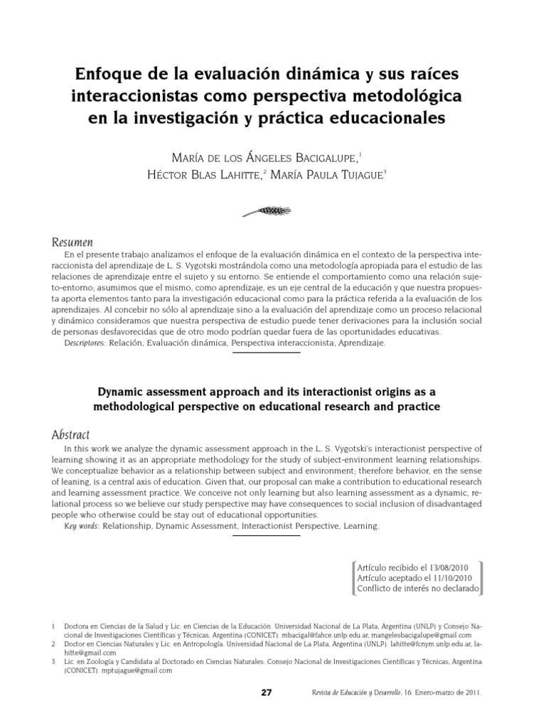 Enfoque de La Evaluación Dinámica y Sus Raíces Interaccionistas Como Perspectiva Metodológica ...