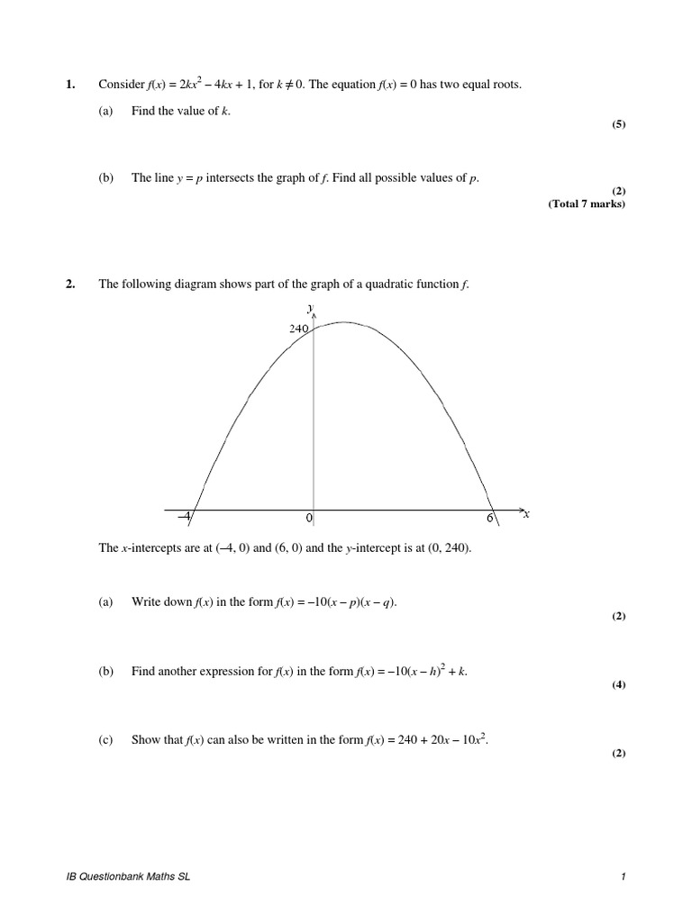 IB Maths SL Quadratic Problems | PDF