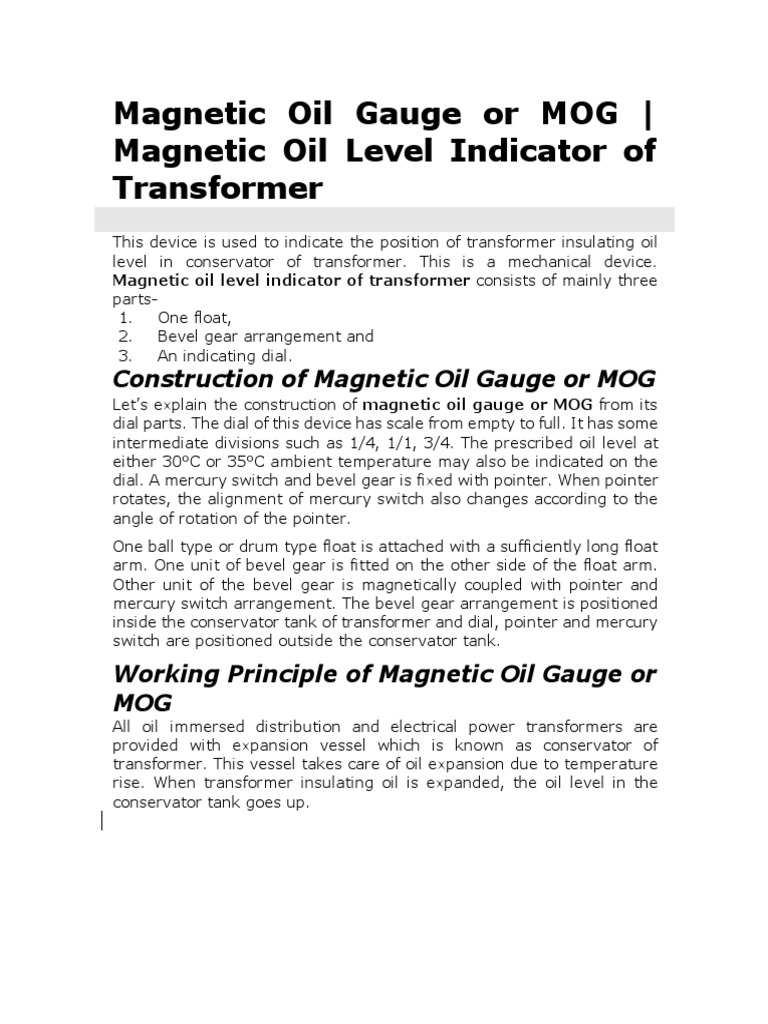 Magnetic Oil Gauge or MOG | PDF | Transformer | Switch