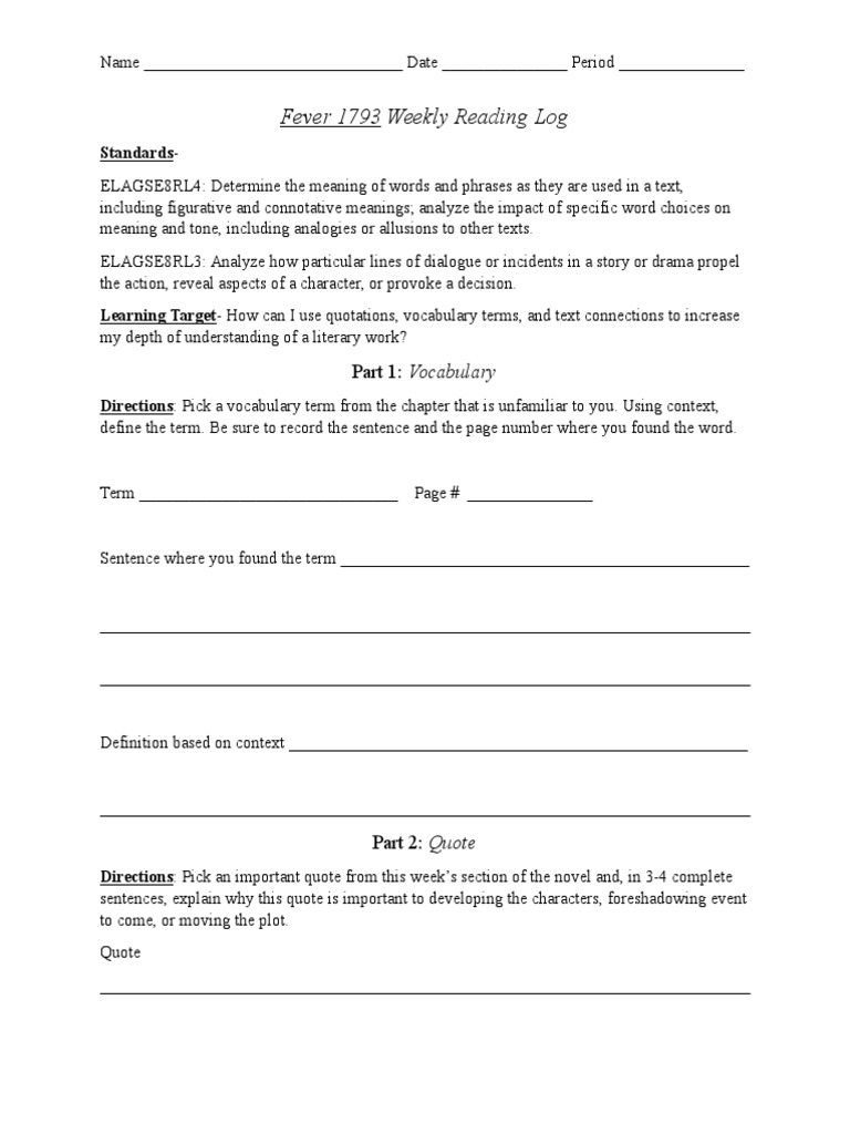 Fever 1793 Weekly Reading Log | PDF
