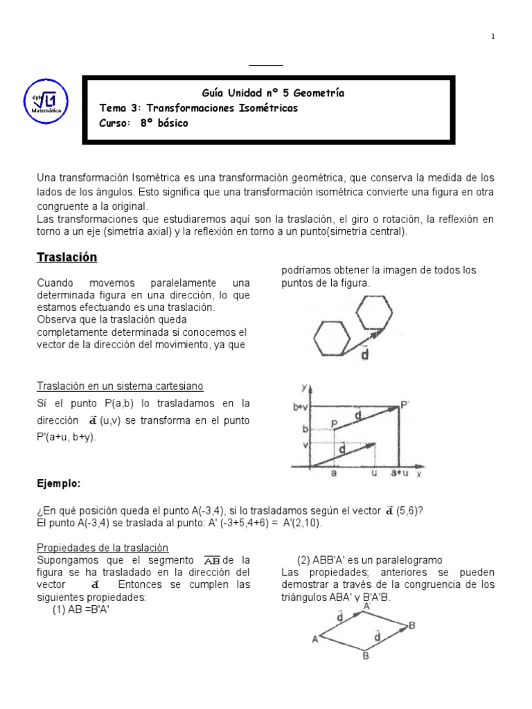 Guía Transformaciones Isométricas 8º Básico | PDF | Rotación | Simetría