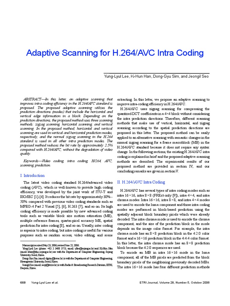 Adaptive Scanning For H.264/AVC Intra Coding | PDF