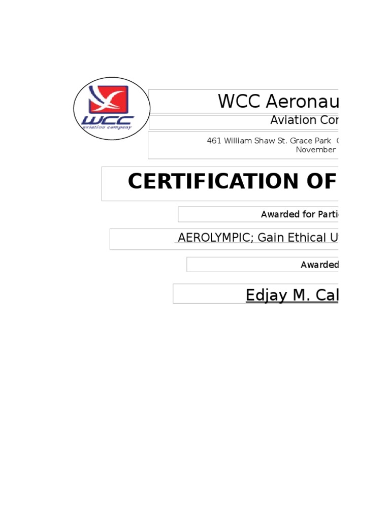 Certification of Participation: WCC Aeronautical Colleges | PDF | Business