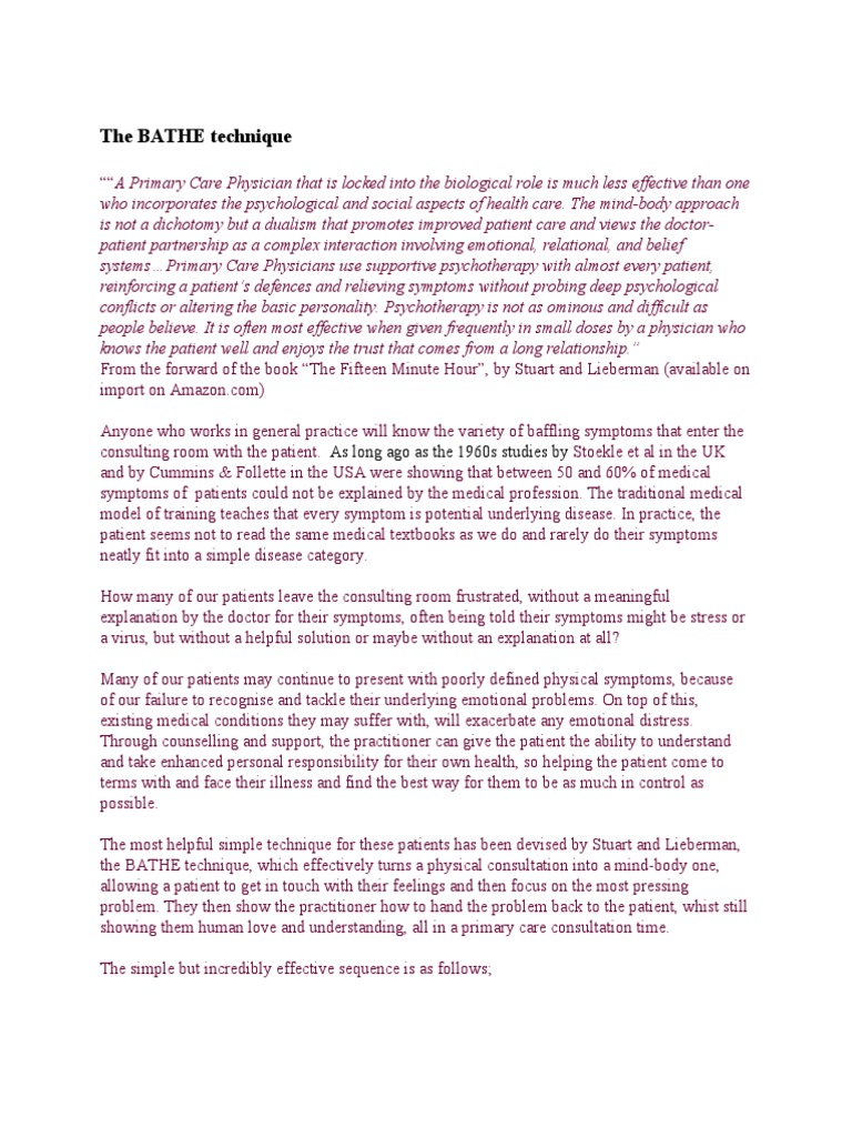 BATHE Technique | PDF | Physician | Psychotherapy