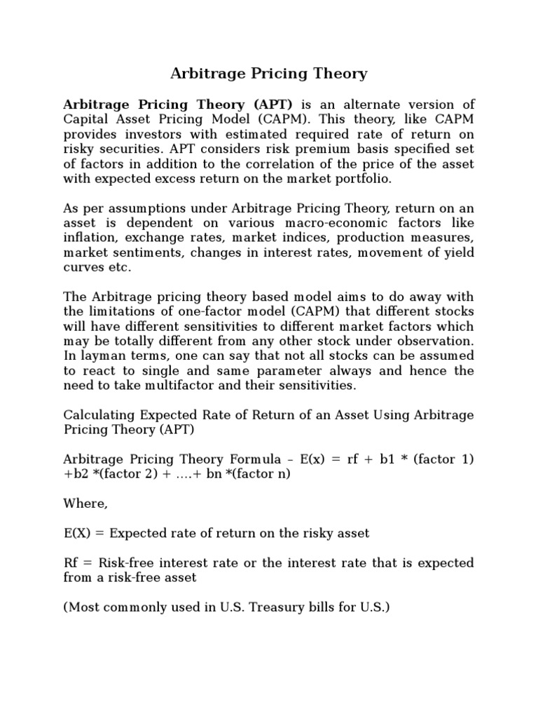 Arbitrage Pricing Theory | PDF | Capital Asset Pricing Model | Arbitrage