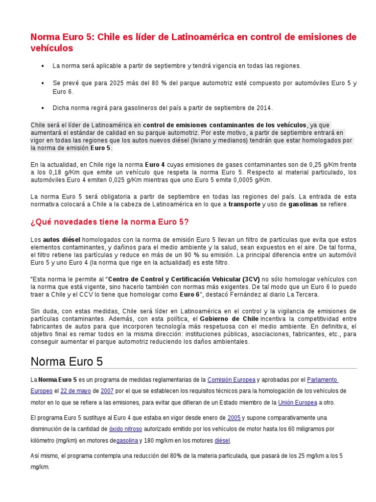 Norma Euro 5: Emisiones y liderazgo en Chile | PDF | Coche ...