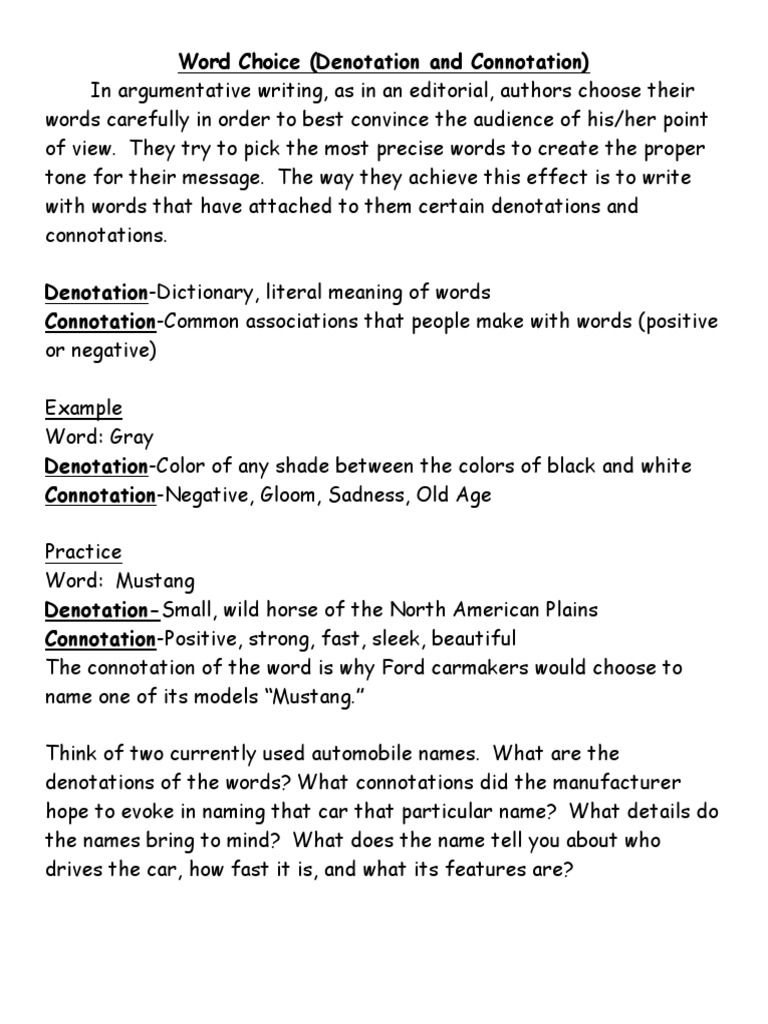 Word Choice Denotation and Connotation | PDF