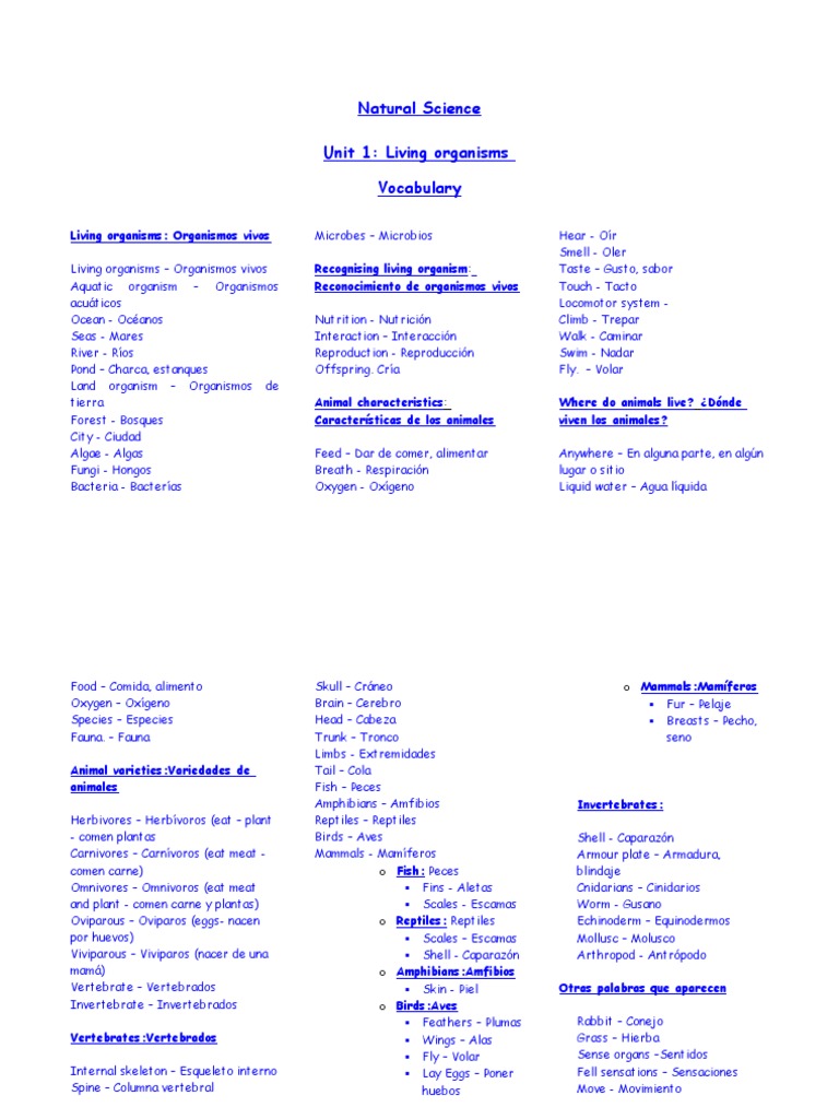 TEMA 1 - Unit 1 - Living Organisms Traducido Al Español Con Columnas ...