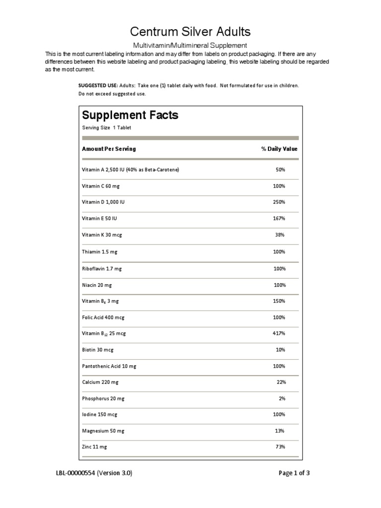 Centrum Silver Adults Multivitamin Guide | PDF | Magnesium | Vitamin