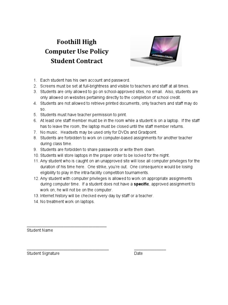Foothill High Computer Use Policy Student Contract | PDF | Computers