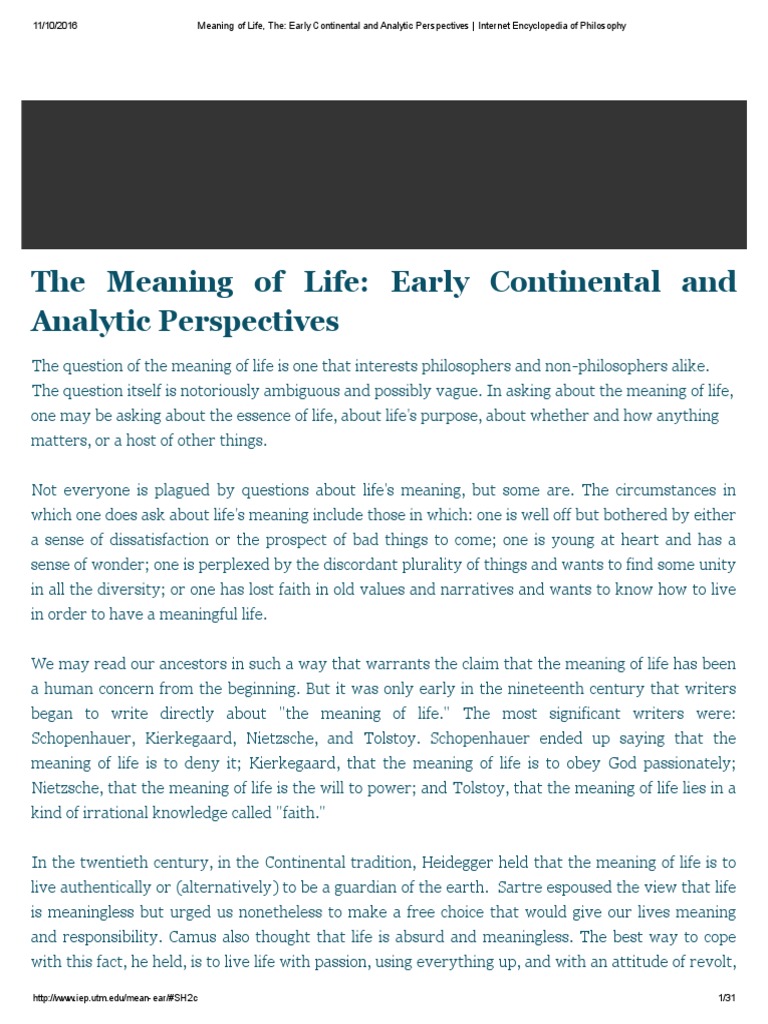 Meaning of Life, The - Early Continental and Analytic Perspectives ...