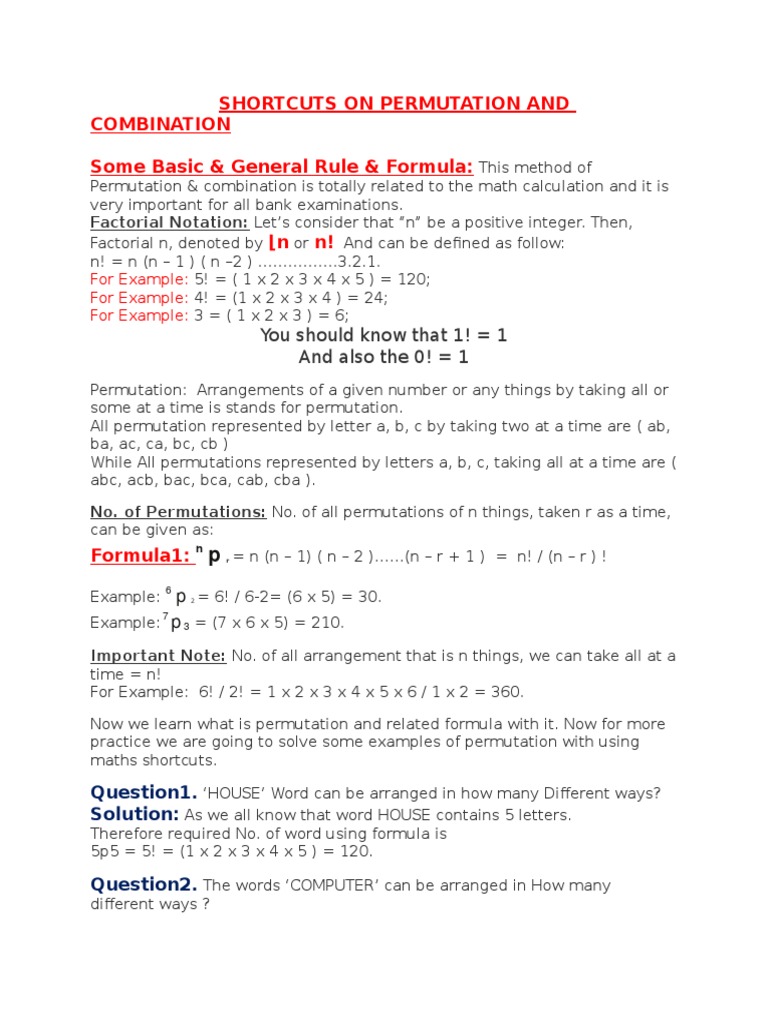 Shortcuts On Permutation and Combination | PDF