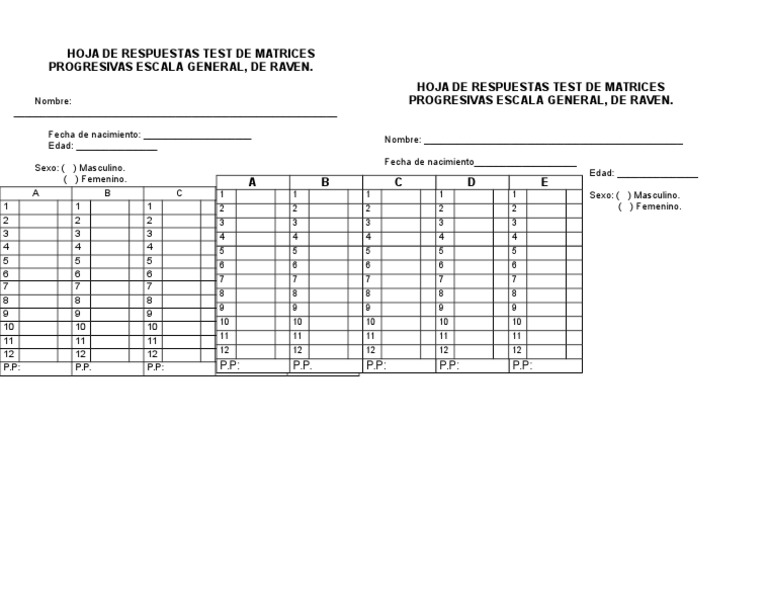 Hoja de Respuestas Test de Matrices Progresivas Escala General | PDF