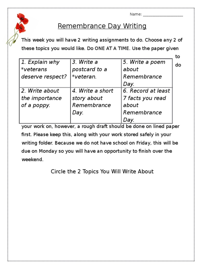 Remembrance Day Writing Tasks | PDF | Language Arts & Discipline | Home ...