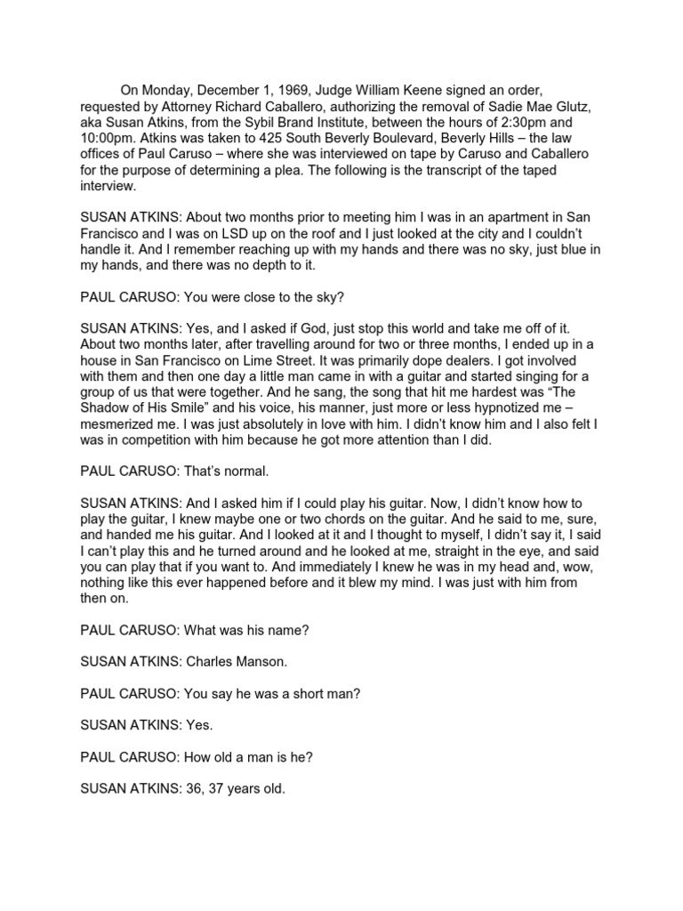 Susan Atkins' Interview on Manson | PDF | Susan Atkins | Manson Family