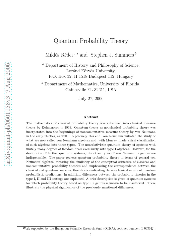 Quantum Probability Theory: Mikl Os R Edei and Stephen J. Summers | PDF | Banach Space | Hilbert ...