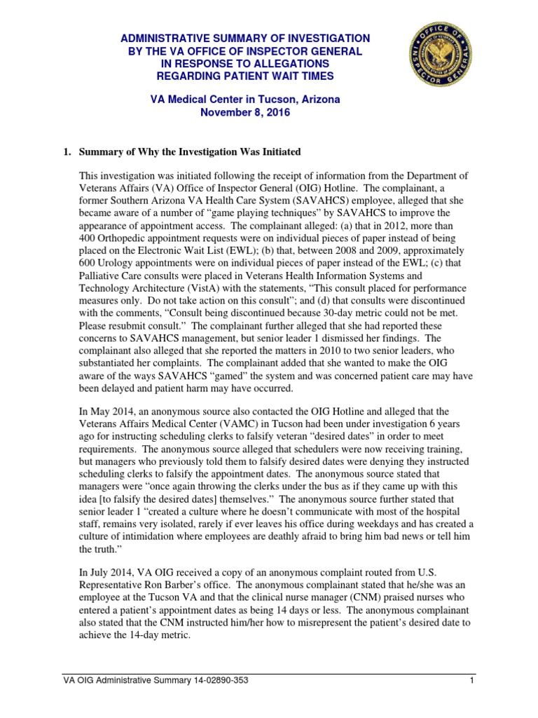 Administrative Summary of Investigation | PDF | Veterans Health ...