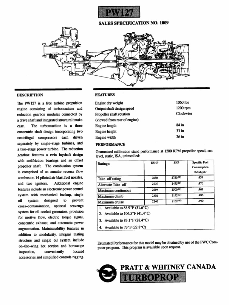 PW127 Turboprop Sales Specification No 1009 Datasheet | PDF | Aircraft ...