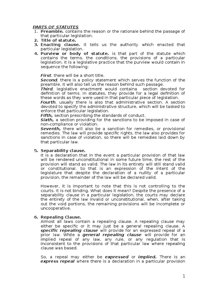Title of Statute. 3. Enacting Clause. It Tells Us The Authority Which ...