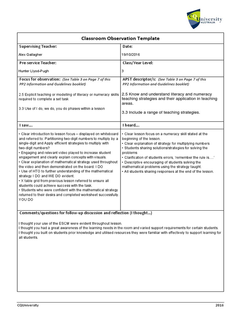 Classroom Observation Template Guide | PDF