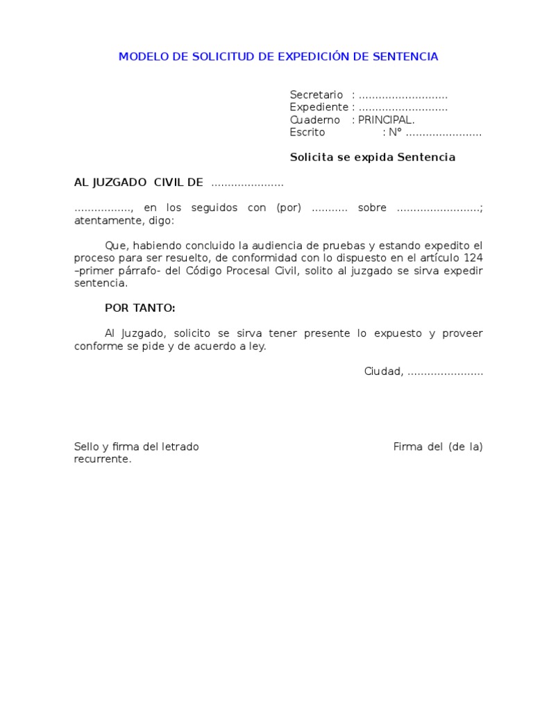 Modelo de Solicitud de Expedición de Sentencia Modelo de Solicitud de Expedición de Sentencia