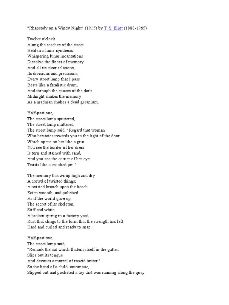 Rhapsody On A Windy Night - T.S. Eliot | PDF | Poetry