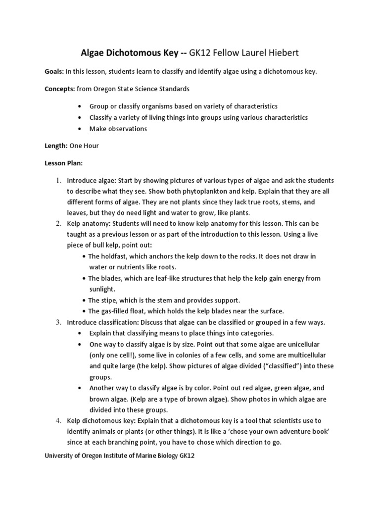 Algae Dichotomous Key Lesson | PDF | Algae | Leaf